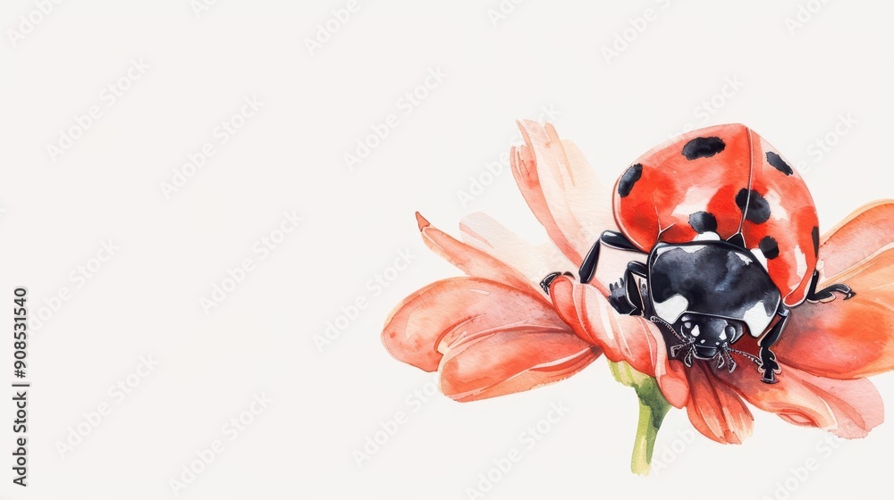 Soft colors in a watercolor of a ladybug resting on a flower Stock ...