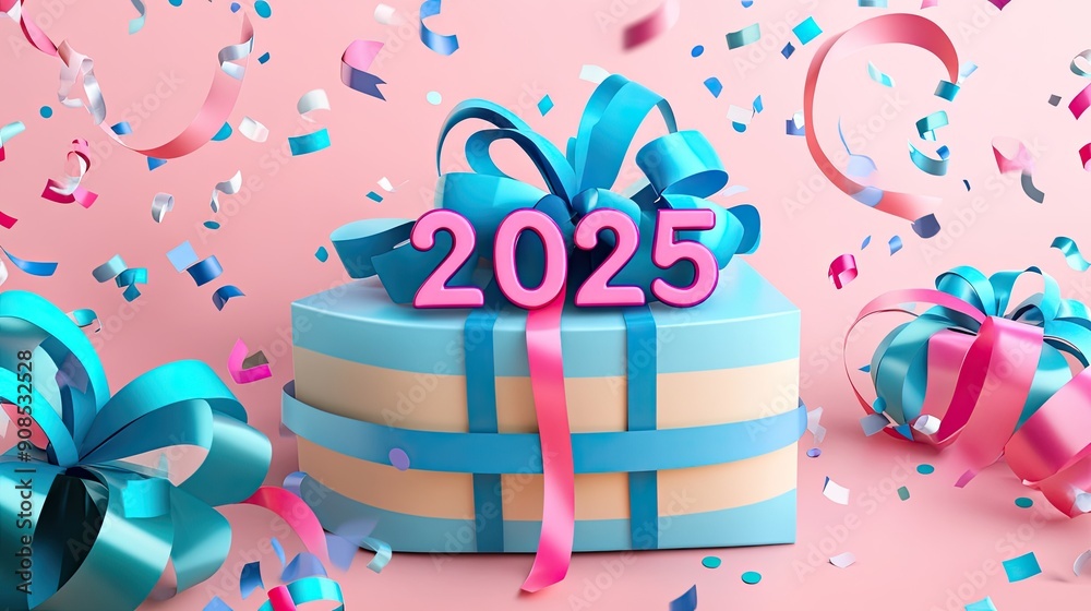 Cartoon styled 3D text "2025" on a colorful gift box with blue and pink ...