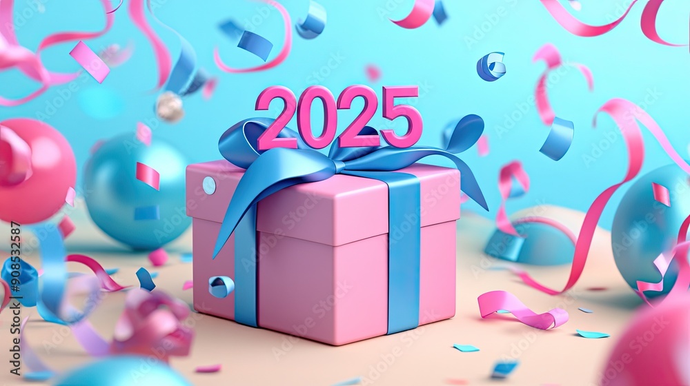 Cartoon styled 3D text "2025" on a colorful gift box with blue and pink ...