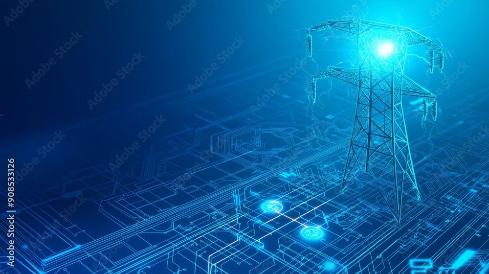 Illuminated power tower over a digital circuit background, symbolizing ...