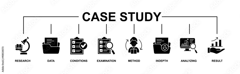 Case study web banner icon vector illustration concept consists of research, data, conditions ...