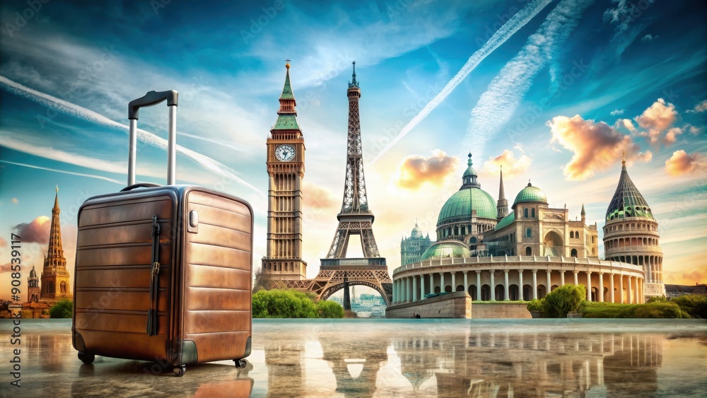 Travel scene with a suitcase in front of iconic world landmarks ...