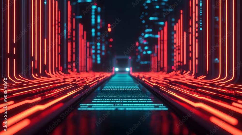 Automated flood gate, digital interface, neon-lit city, flood ...