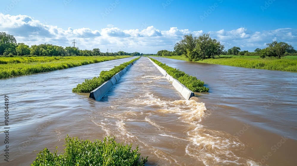 Overflowing riverbanks with modern flood barriers and green vegetation ...
