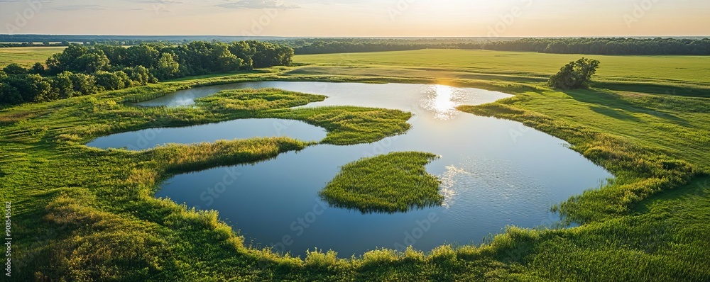 Rural landscape with natural water retention ponds and wetlands, flood ...
