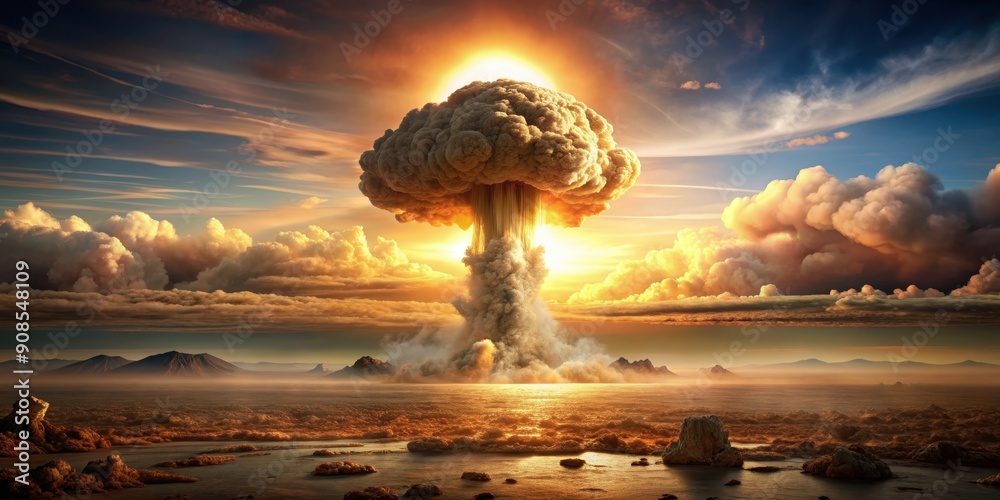 Atomic bomb explosion causing devastation, nuclear warfare, destruction ...