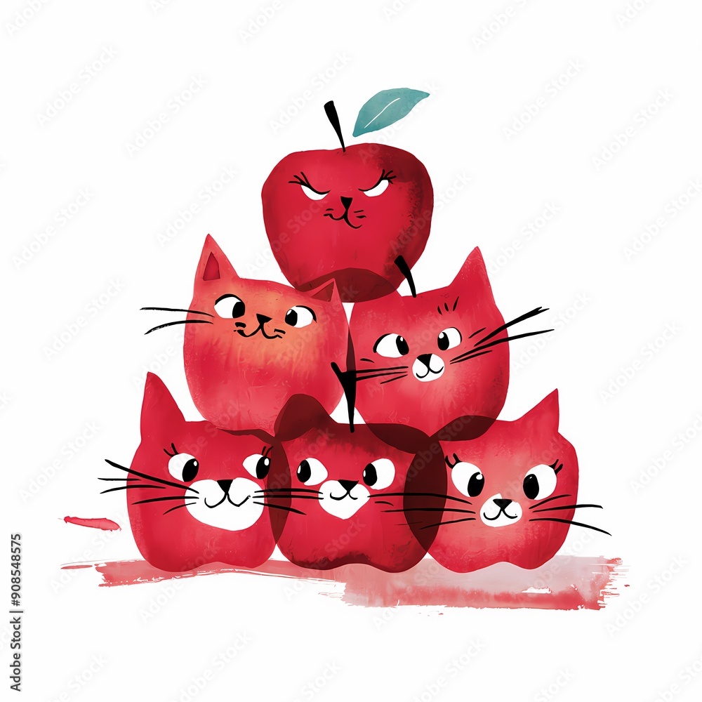 Playful Watercolor Illustration of a Stack of Cat's Faces Themed Red ...