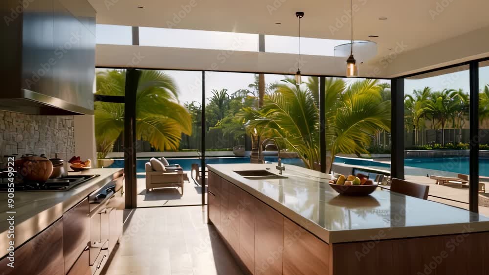 Video footage of modern kitchen with a view of an outdoor pool area ...