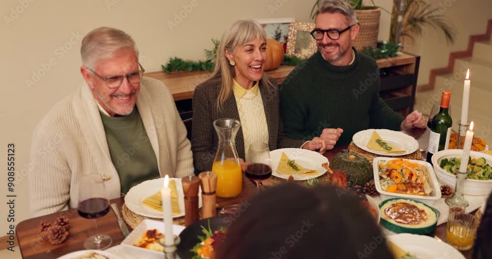 Praying, family and dining room with food, smile and feast for ...