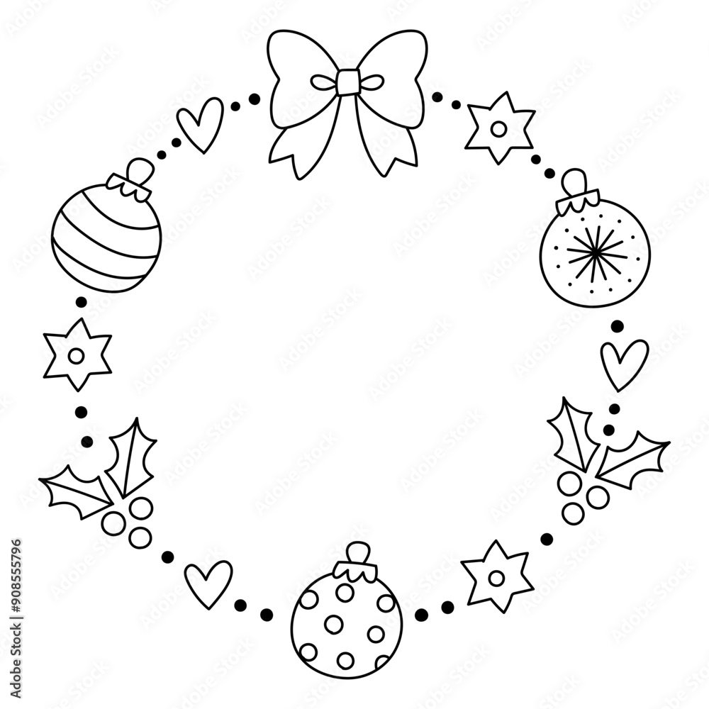 Hand-drawn Christmas Frame with ornaments, holly leaves, and decorative ...