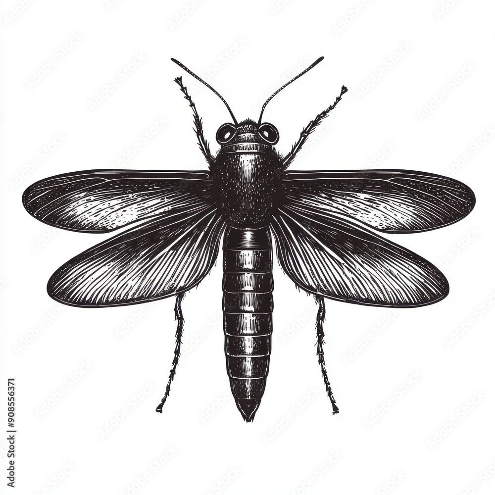 Black and white Vintage engraved art of a firefly isolated on white ...
