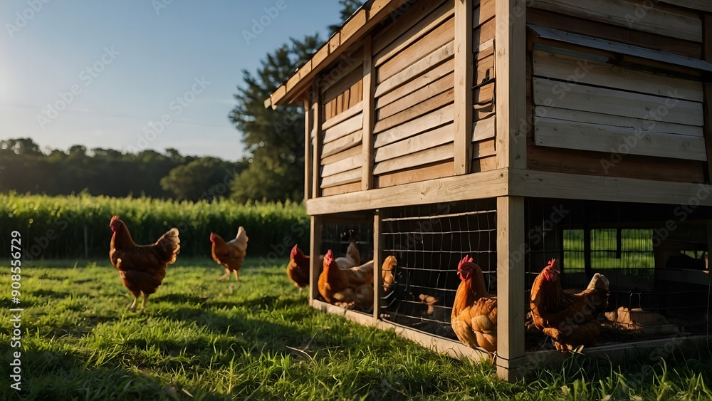 Hens interacting and pecking around in their well-organized and ...