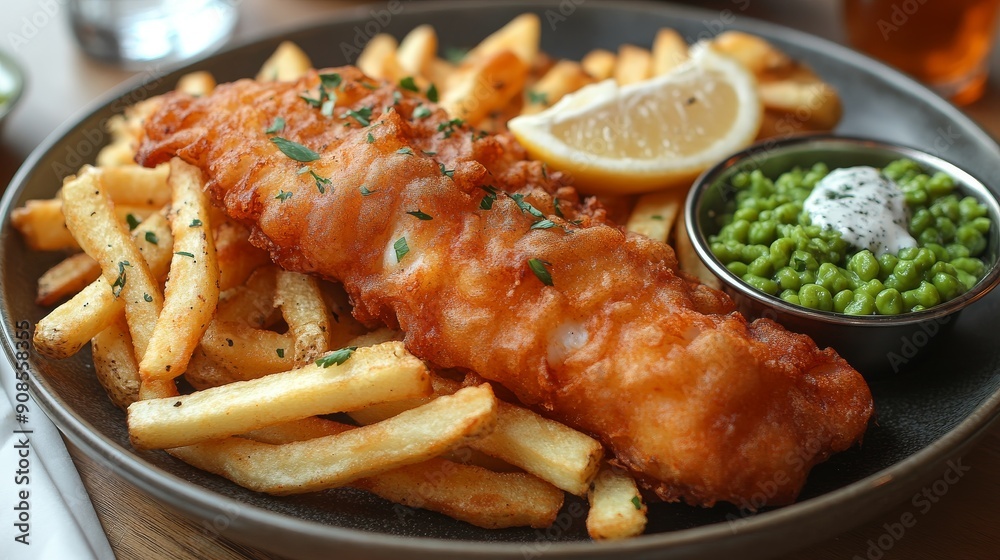 British fish and chips, crispy battered cod, thick-cut fries, mushy ...