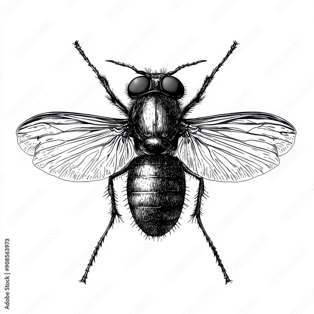 Black and white Vintage engraved art of a tsetse fly isolated on white ...