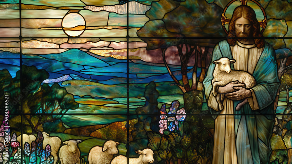 A stained-glass window of Jesus Christ, depicted as the Good Shepherd ... A stained-glass window of Jesus Christ, depicted as the Good Shepherd ...