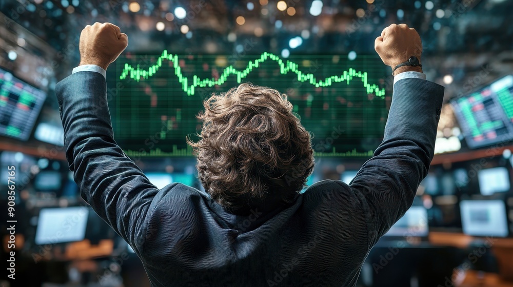 A businessman celebrates stock market success, raising his arms in ...
