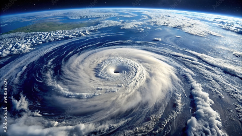 Dramatic aerial view of a gigantic hurricane forming over the vast ...