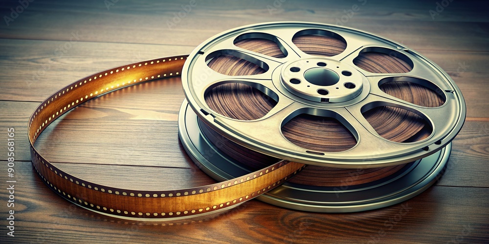Vintage retro film reel with winding celluloid strip and metal spool ...