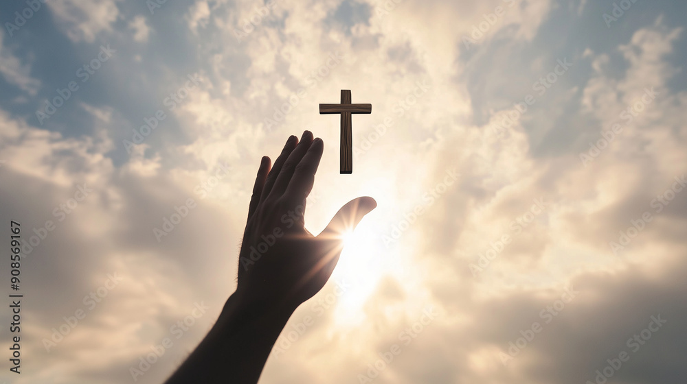 Hand Reaching Out from Dark Abyss to Silhouette of Wooden Cross in ...