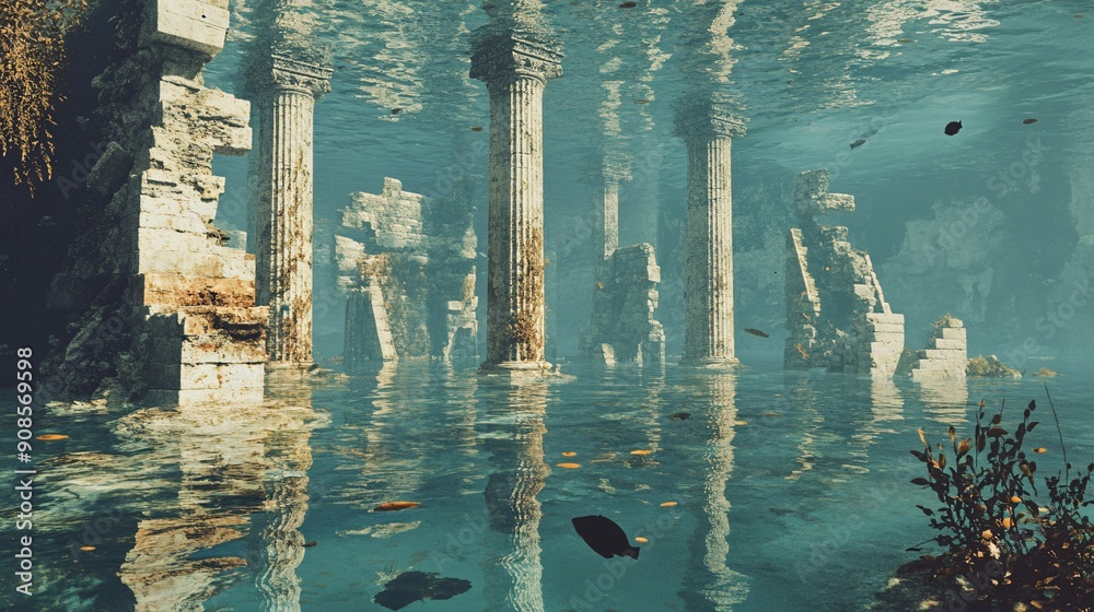 An evocative portrayal of ancient ruins submerged in a tranquil ...