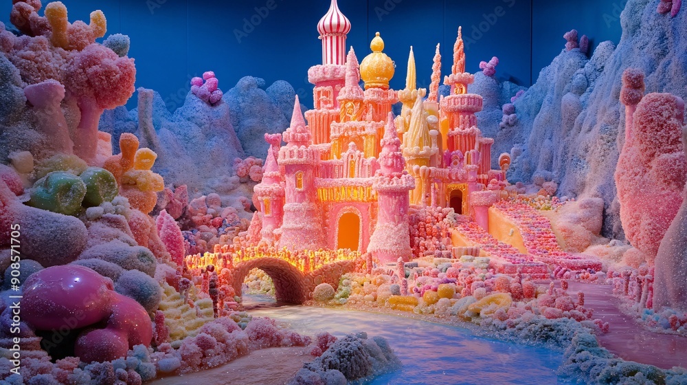 An awe-inspiring view of Candyland's majestic castle, perched atop a ...