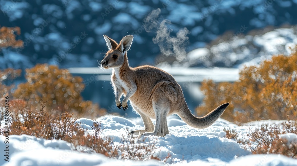 Kangaroo hopping through a snowy landscape with misty breath ...