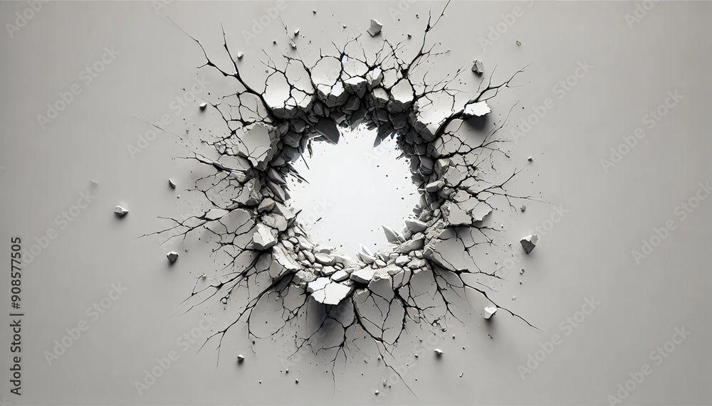 A highly detailed image of a cracked hole in a wall, with jagged edges ...