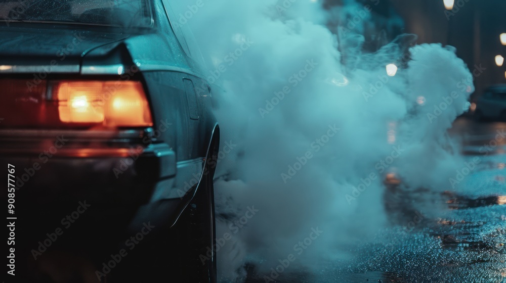 Car tire burnout produces thick smoke from tire friction with the ...
