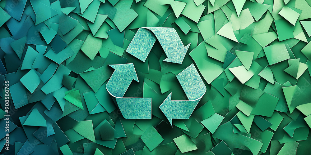 Geometric pattern of blue and green triangles with a recycling symbol ...