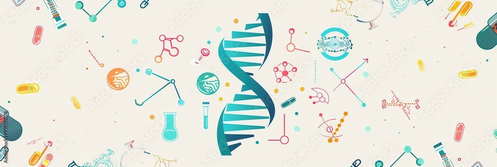 A double helix DNA strand is surrounded by various medical icons like ...