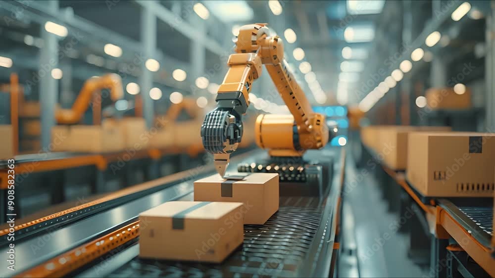 A robotic arm moves along a conveyor belt, picking up and sorting cardboard boxes in a modern ...