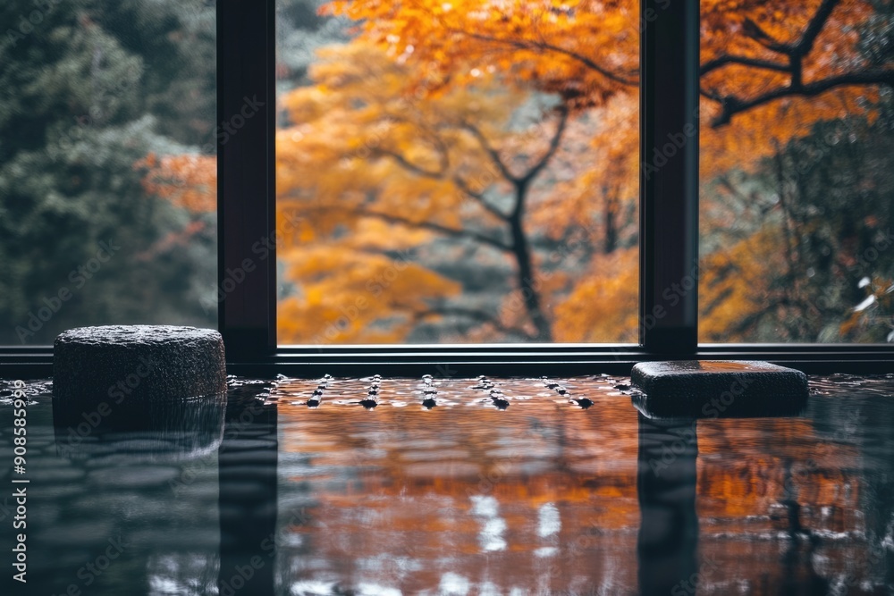 Minimalist hot spring bath water surface with autumn leaf branches ...