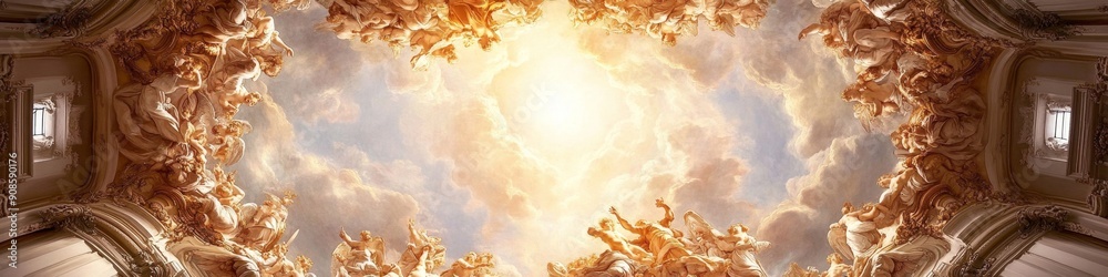 Baroque Splendor: Celestial Ceiling Fresco with Azure Sky and Divine ...
