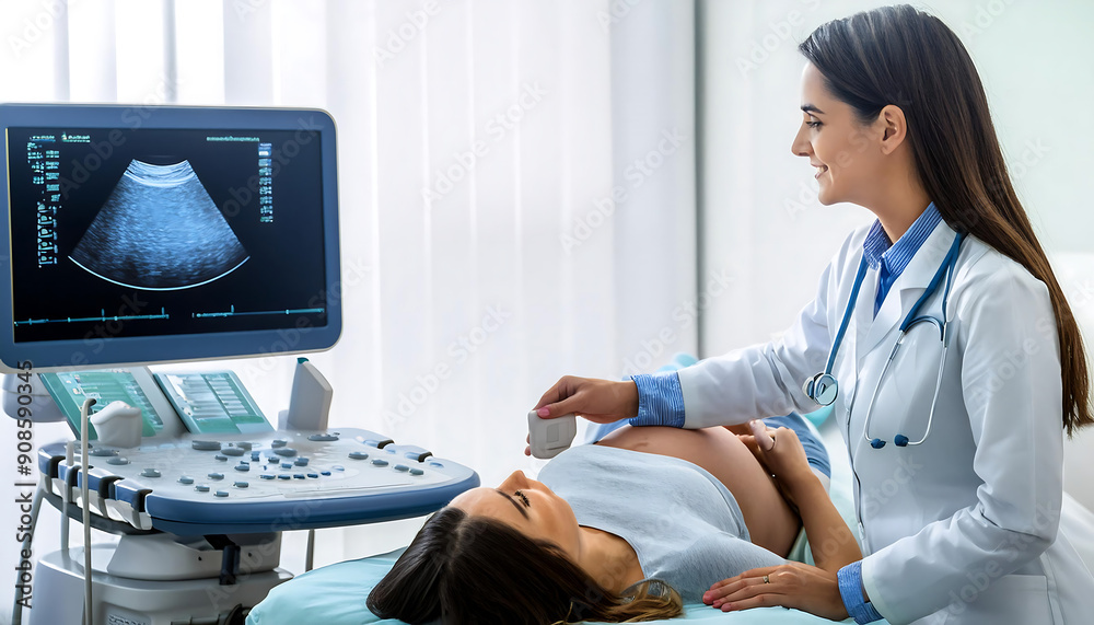 Female doctor touching stomach by tool of woman who lying, showing baby ...