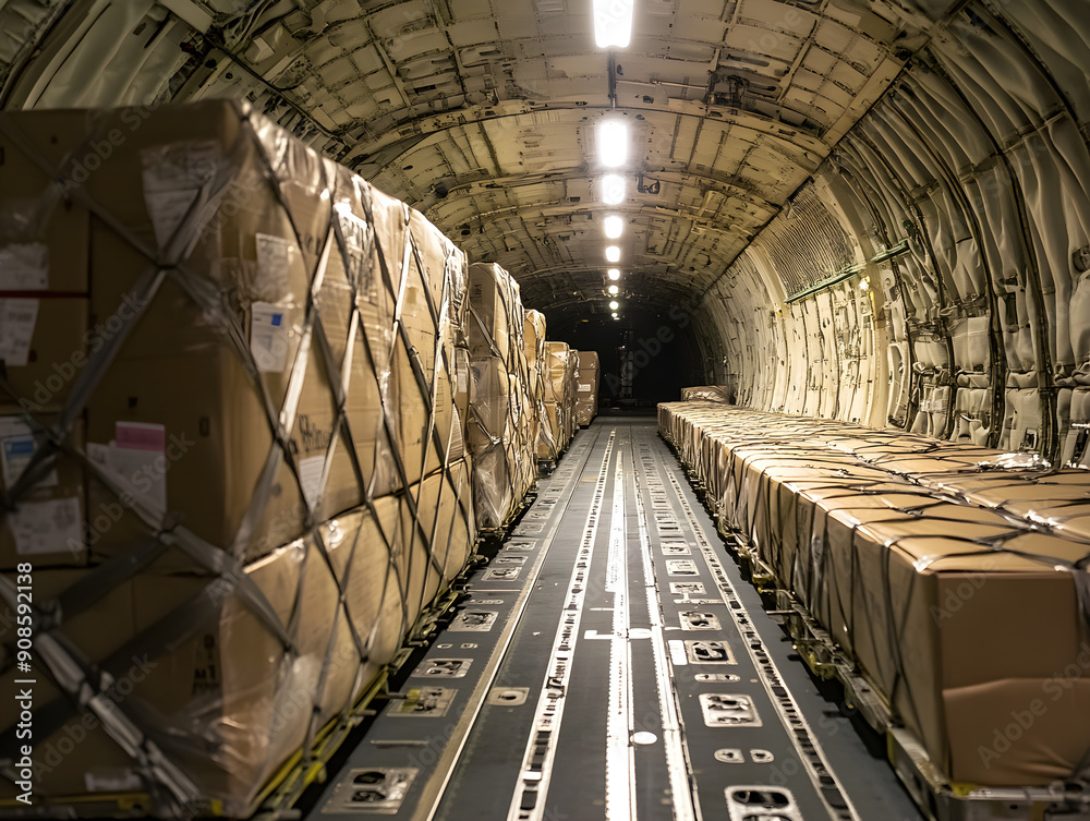 Spacious Cargo Plane Interior with Securely Fastened Rows of Plastic ...