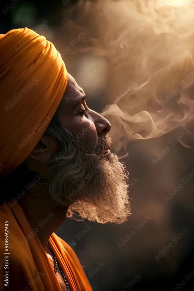 side view of a Sikh man with a beard and orange turban with closed eyes ...