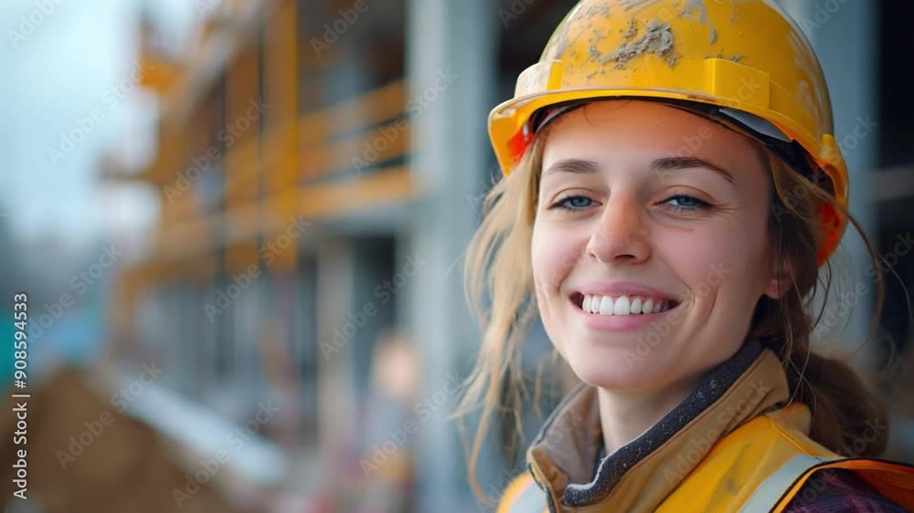 Portraits of a smiling female construction worker wearing a hard hat and safety vest on a ...