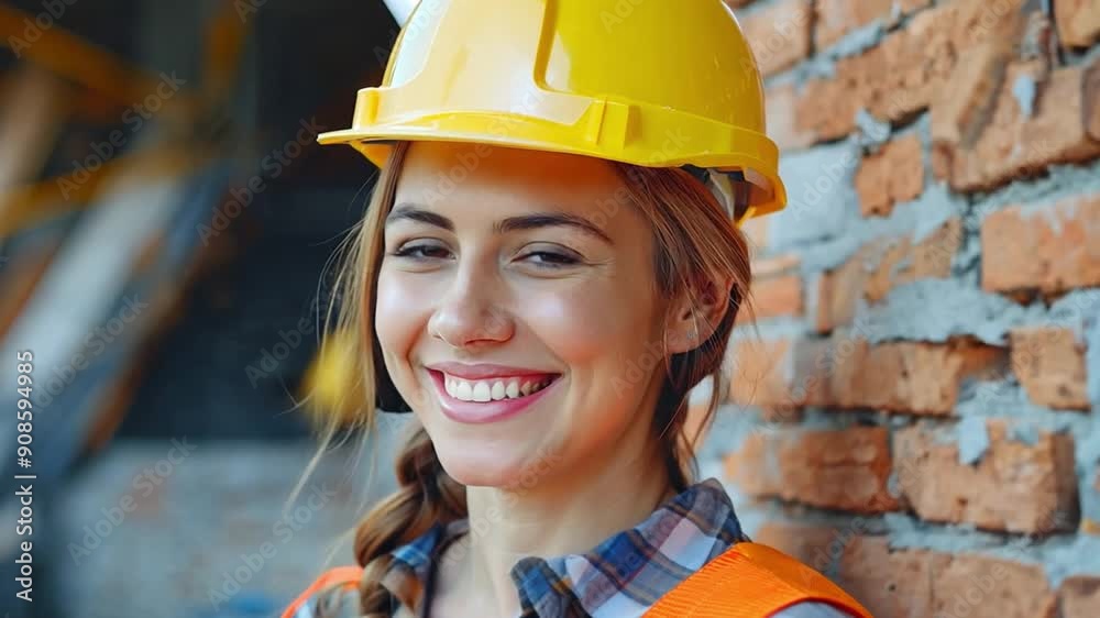 Portraits of a smiling female construction worker wearing a hard hat and safety vest on a ...