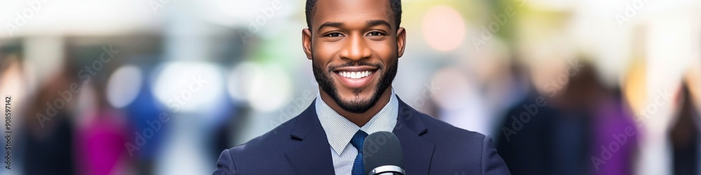 Dynamic African American Male Reporter Broadcasting Breaking News on ...