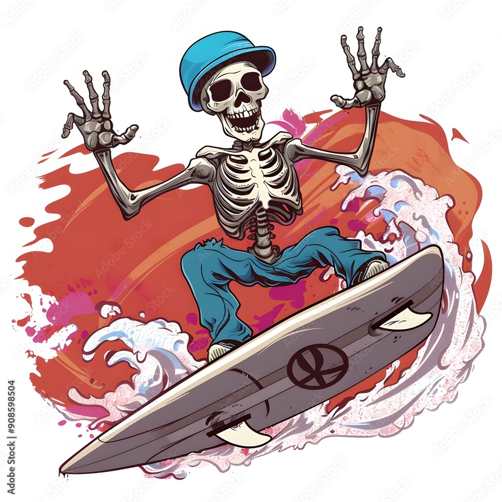 old school skeleton surfer wearing cool and a hat, holding a peace sign ...