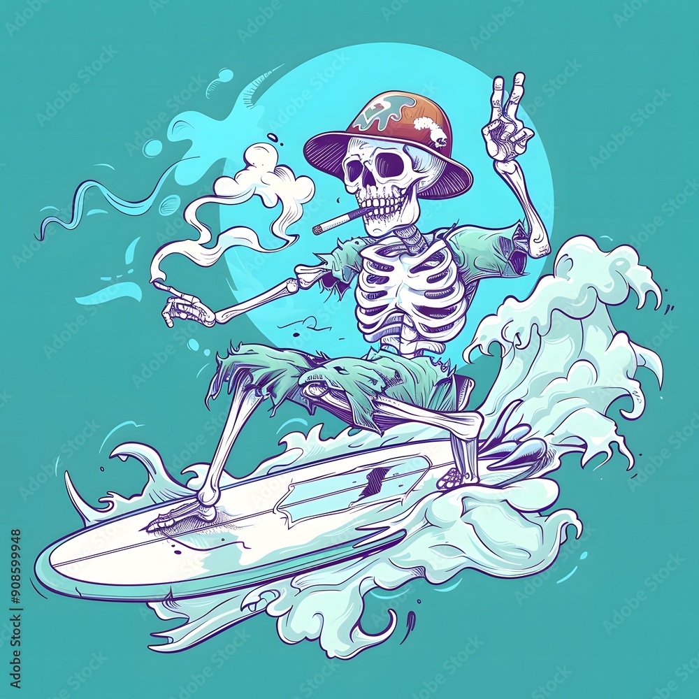 old school skeleton surfer wearing cool and a hat, holding a peace sign ...