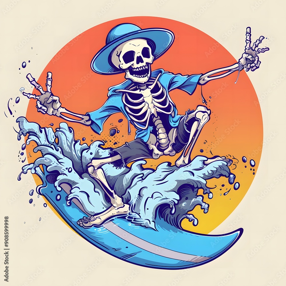 old school skeleton surfer wearing cool and a hat, holding a peace sign ...