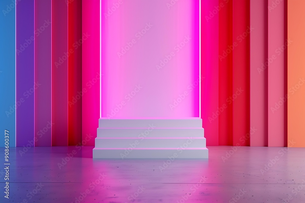Neon Stage: A minimalist platform bathed in vibrant, fluorescent light ...
