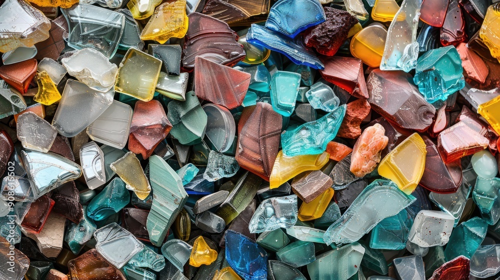 A pile of colorful glass shards, including blue, green, yellow, and red ...