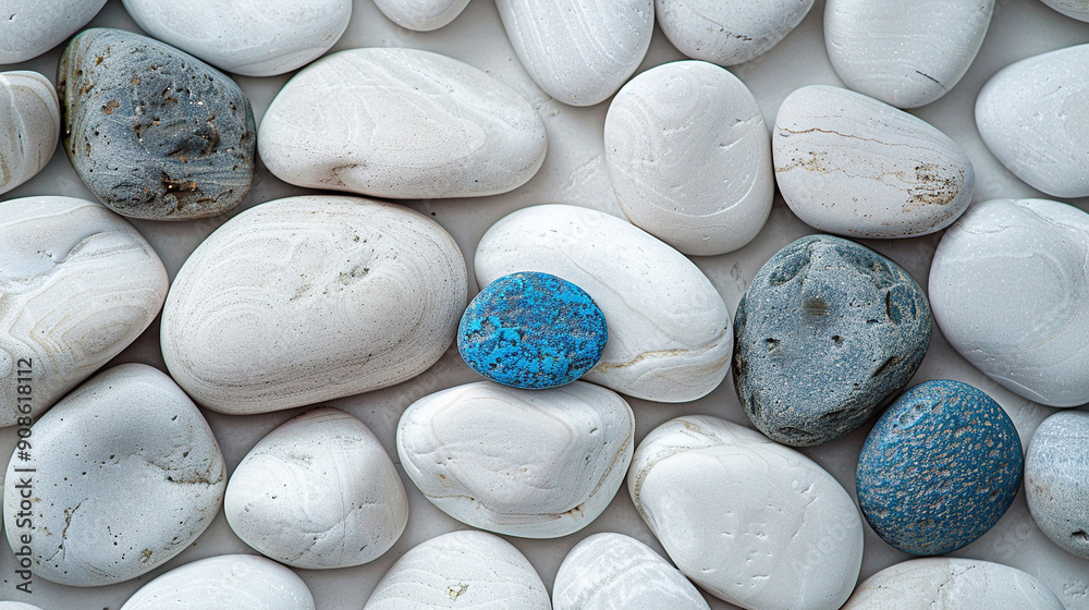 super white pebbles lined up with blue pebbles in the middle background ...