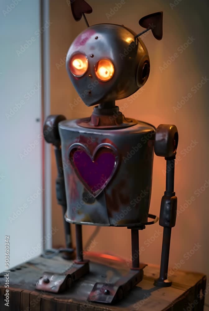 Video of charming digital illustration of robot with glowing orange ...