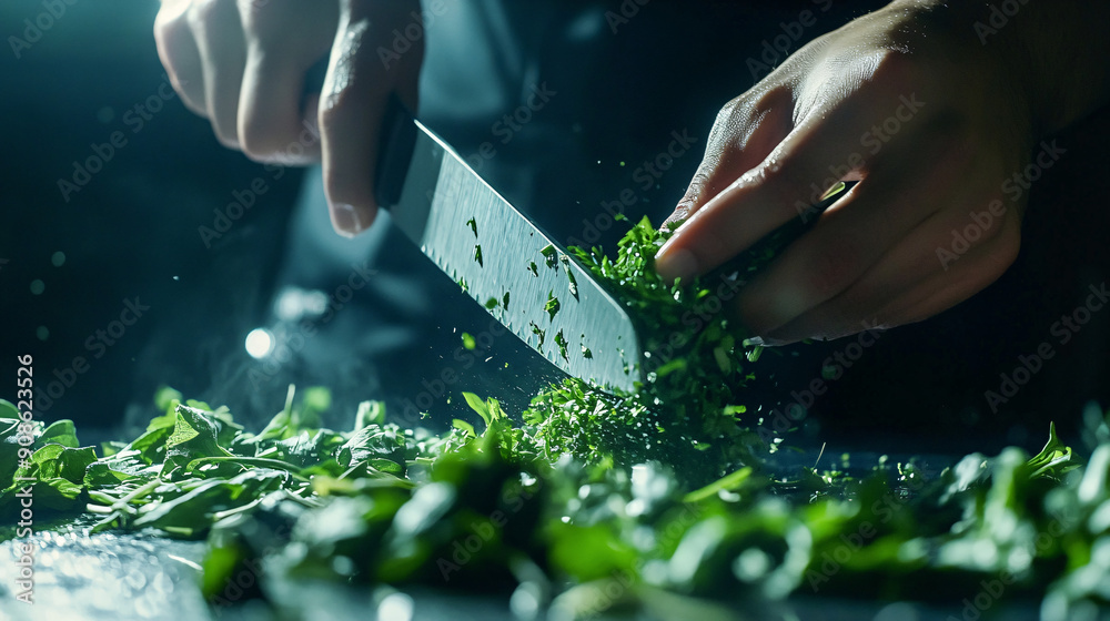 Photography of a chef’s hands skillfully chopping fresh herbs with a ...
