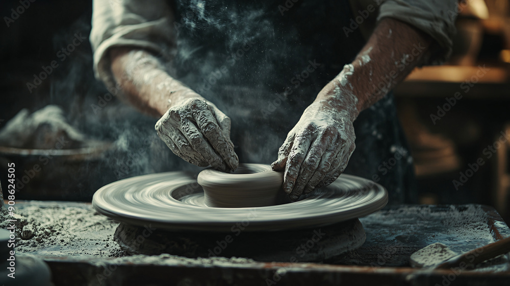 Photography of an artist’s hands working with clay on a pottery wheel ...