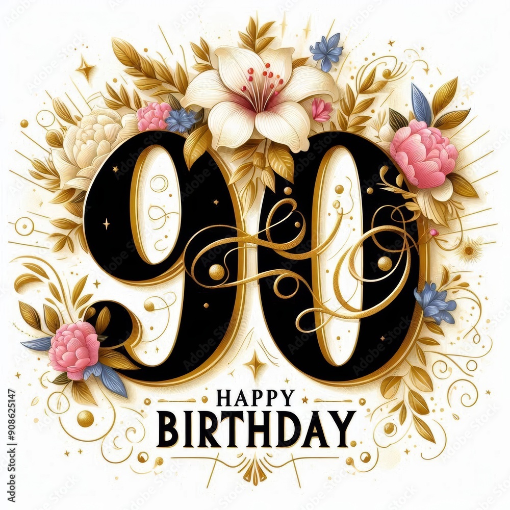 Elegant 90th birthday celebration design with floral elements and ...
