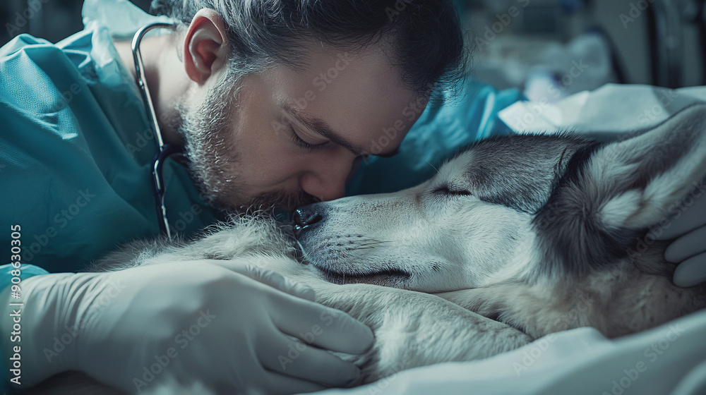 Photography of a veterinarian comforting a sick animal in a recovery ...